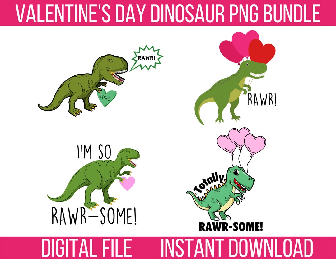 Valentine's Day Dinosaur PNG Bundle, Kid's Valentine's Day, Dinosaur ...