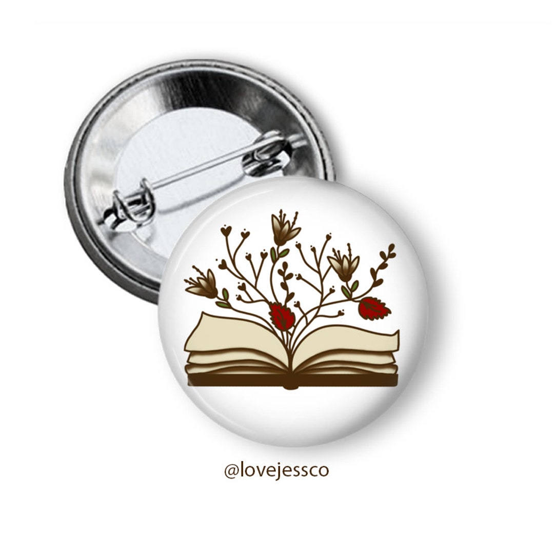Open Book Button, Pin Back Button, Badge, Flair, Reading Pin, Bookworm ...