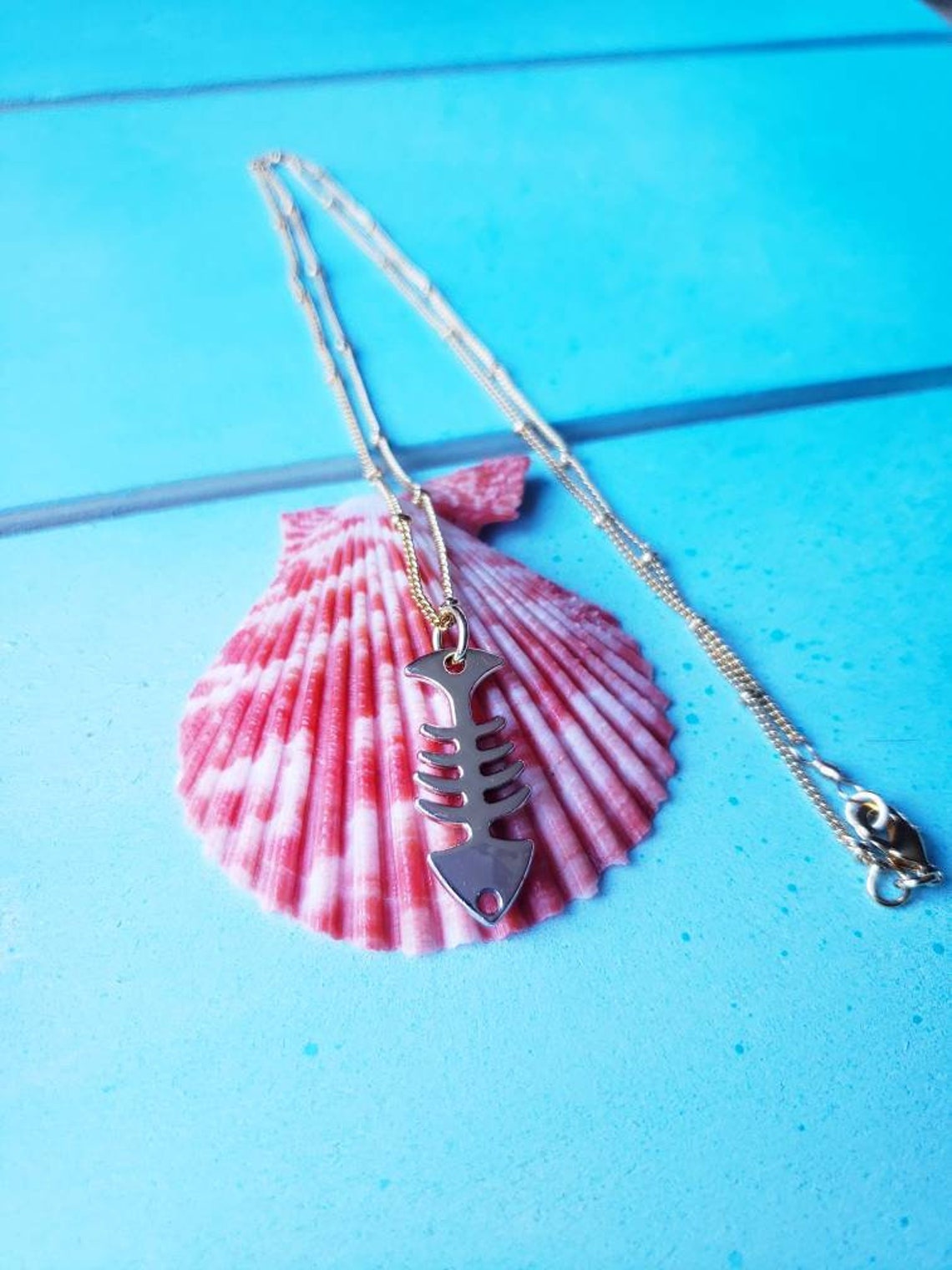 Fish Bone Necklace Gold Bead 14K Gold Filled Chain Made In Etsy