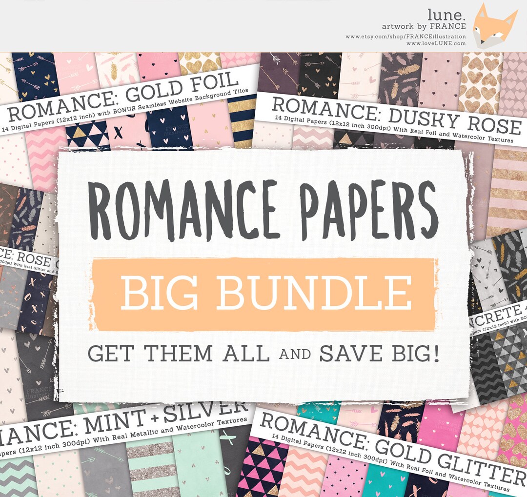 Romance Digital Paper BIG BUNDLE! 10 Watercolor, Gold Foil, Solid ...