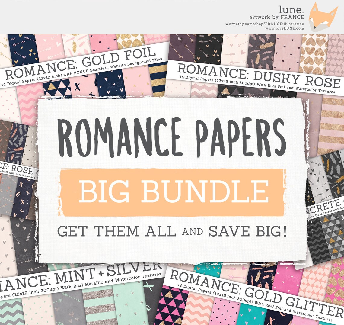 Romance Digital Paper BIG BUNDLE 10 Watercolor Gold Foil | Etsy