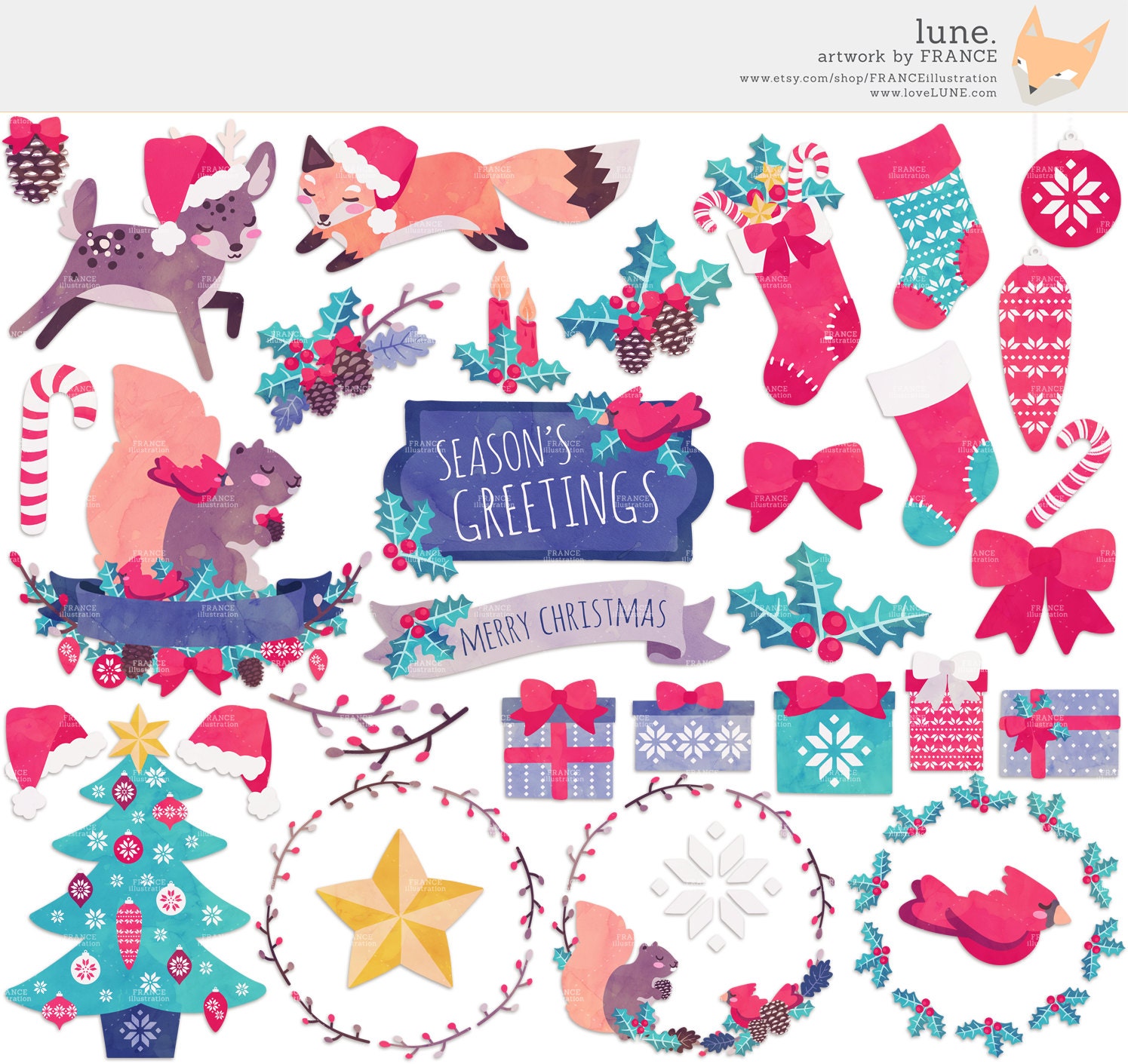 3 FOR 2. Watercolor Christmas Clipart. Wreath Holly - Etsy