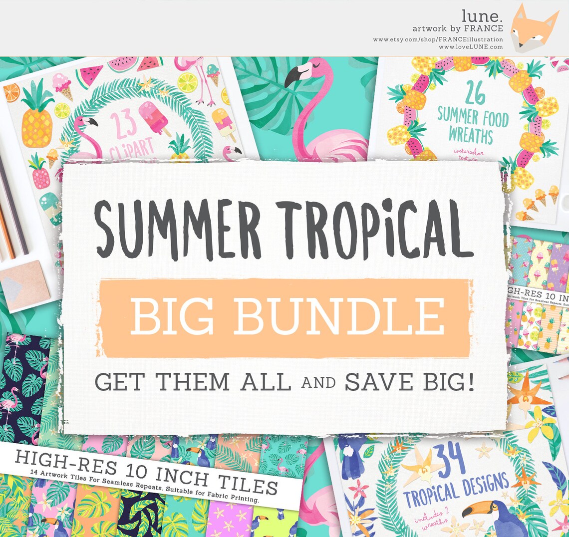 Summer Tropical Clipart BIG BUNDLE Beach Digital Papers - Etsy