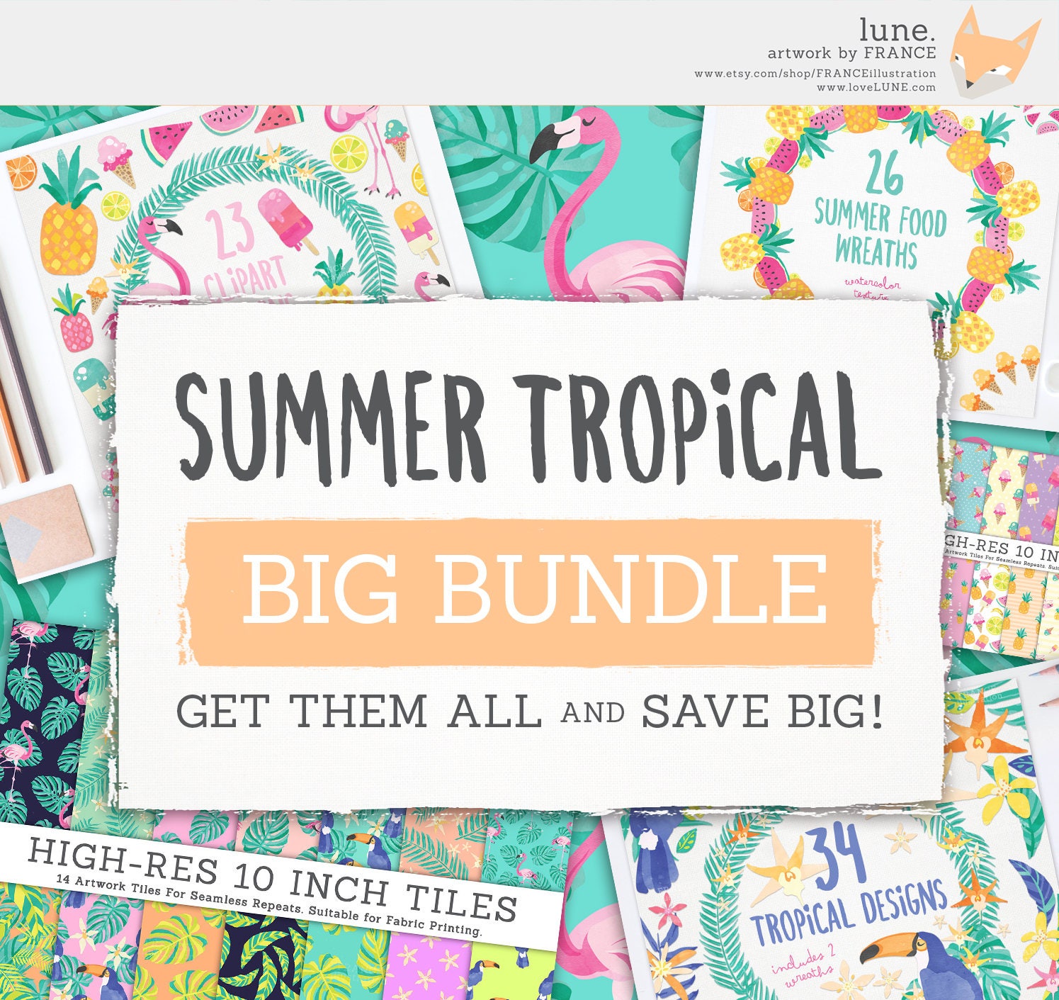 Summer Tropical Clipart BIG BUNDLE Beach Digital Papers | Etsy