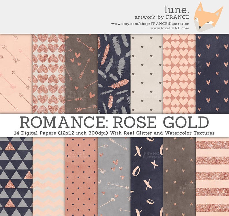 Romance Digital Paper BIG BUNDLE! 10 Watercolor, Gold Foil, Solid ...