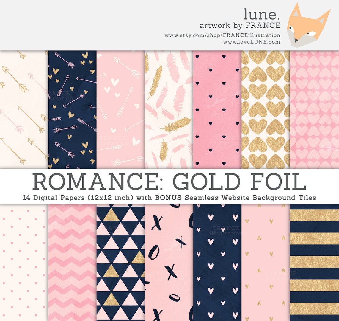 Romance Digital Paper BIG BUNDLE 10 Watercolor Gold Foil | Etsy