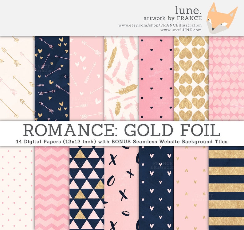 Romance Digital Paper BIG BUNDLE! 10 Watercolor, Gold Foil, Solid ...