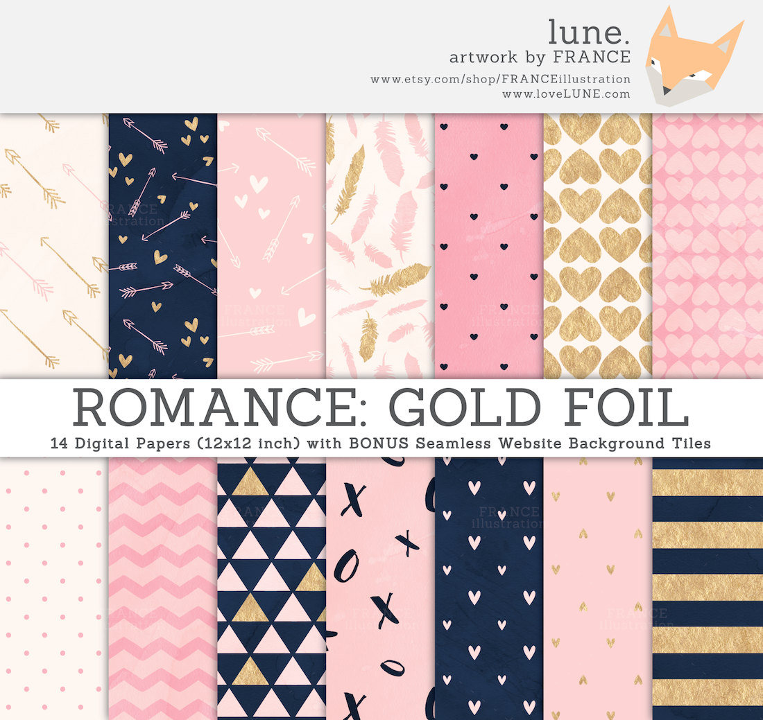 Romance Digital Paper BIG BUNDLE! 10 Watercolor, Gold Foil, Solid ...