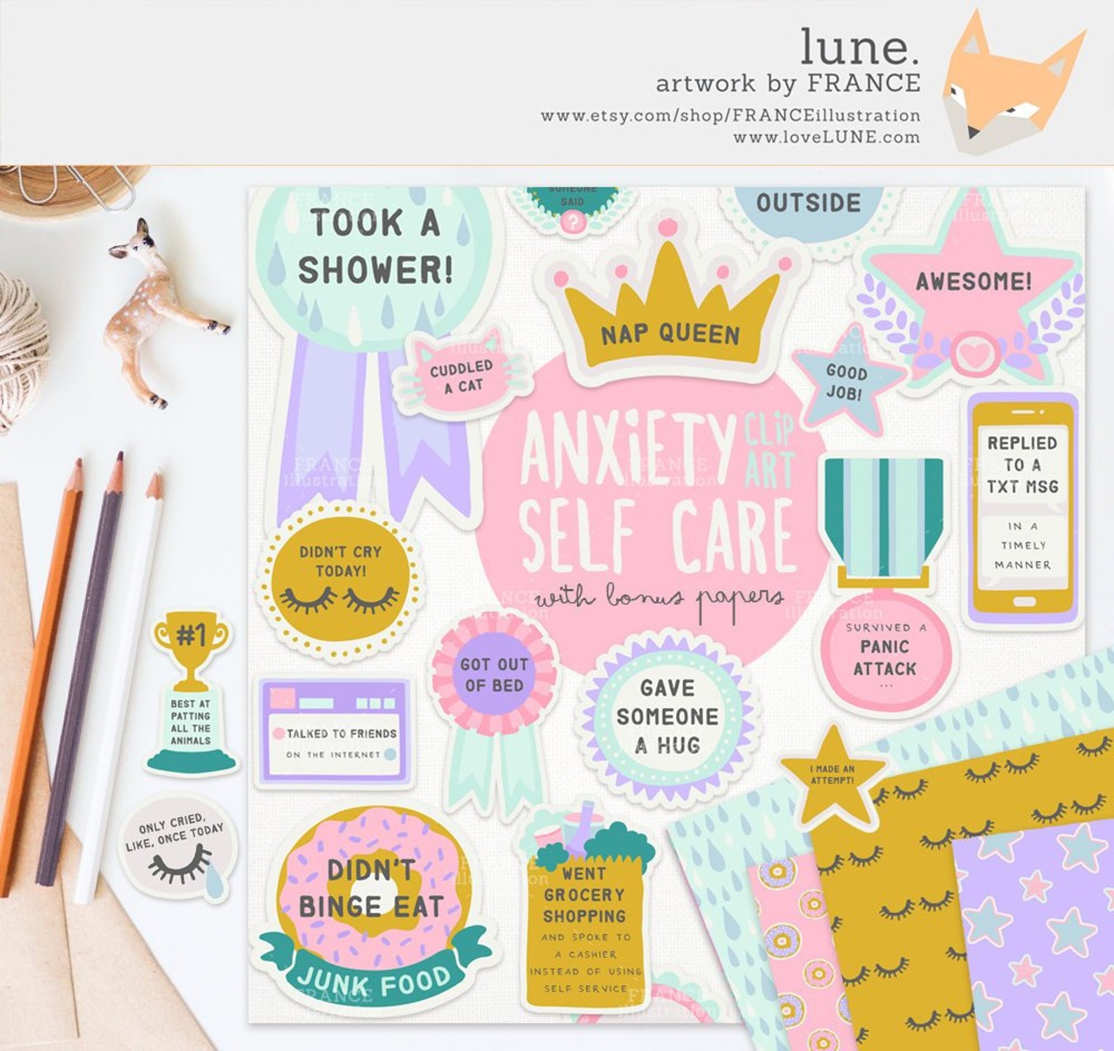 3 FOR 2. Anxiety / Depression Self Care Award Digital Clipart Stickers ...