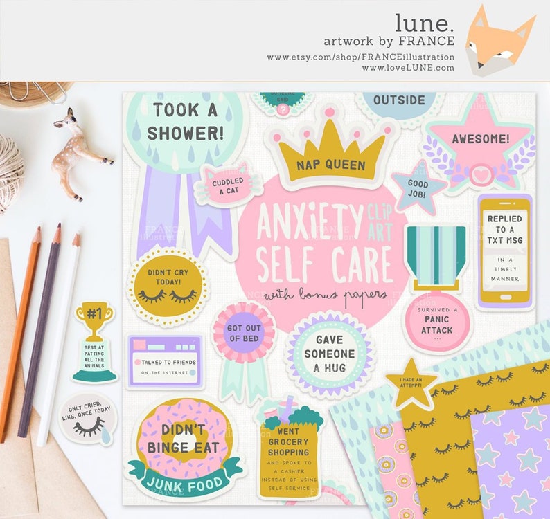3 FOR 2. Anxiety / Depression Self Care Award Digital Clipart Stickers ...