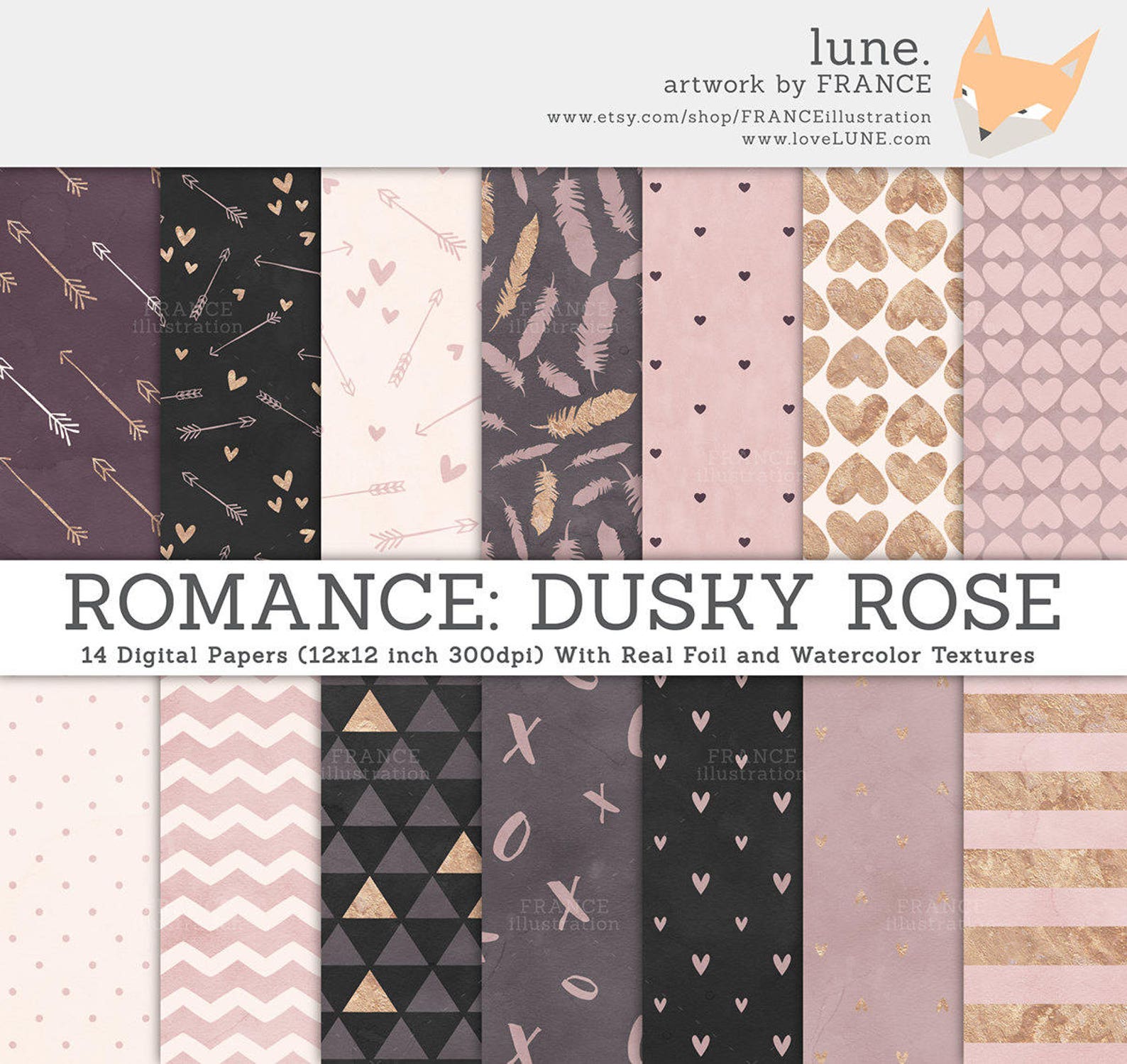 Romance Digital Paper BIG BUNDLE 10 Watercolor Gold Foil | Etsy