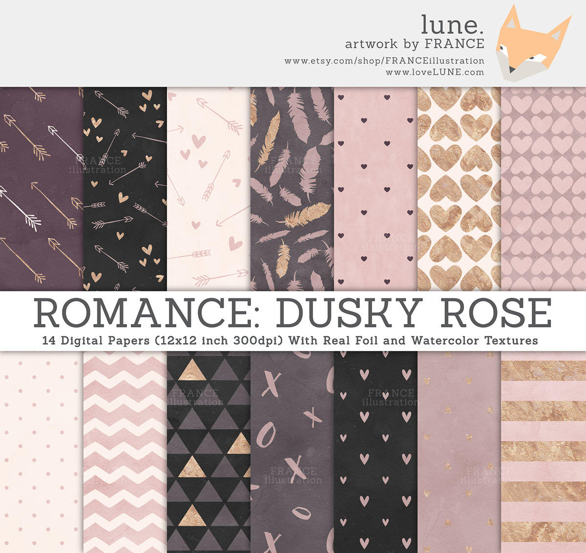 Romance Digital Paper BIG BUNDLE 10 Watercolor Gold Foil | Etsy