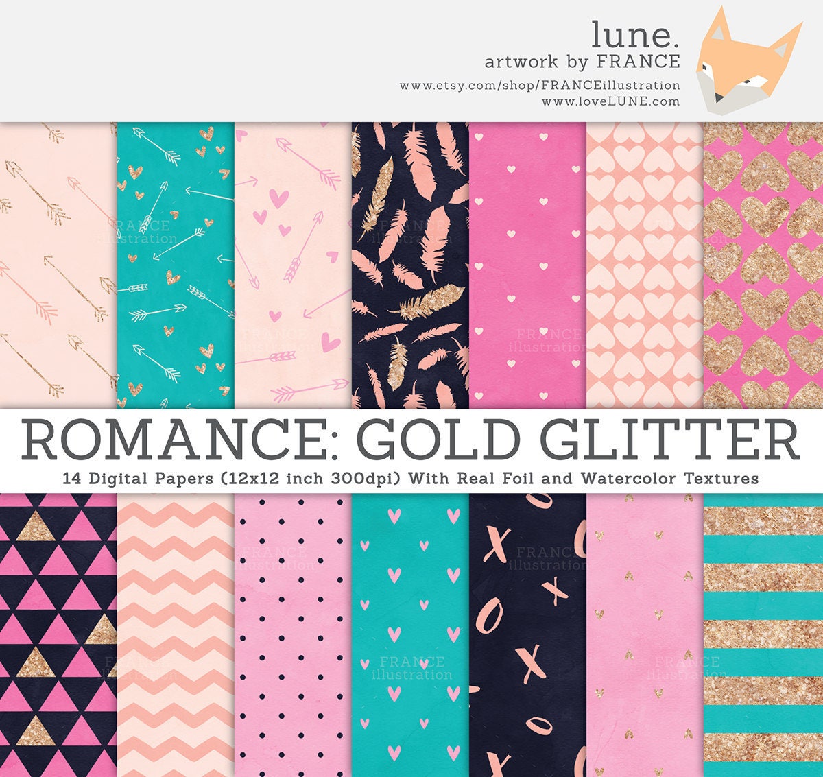 Romance Digital Paper BIG BUNDLE 10 Watercolor Gold Foil | Etsy