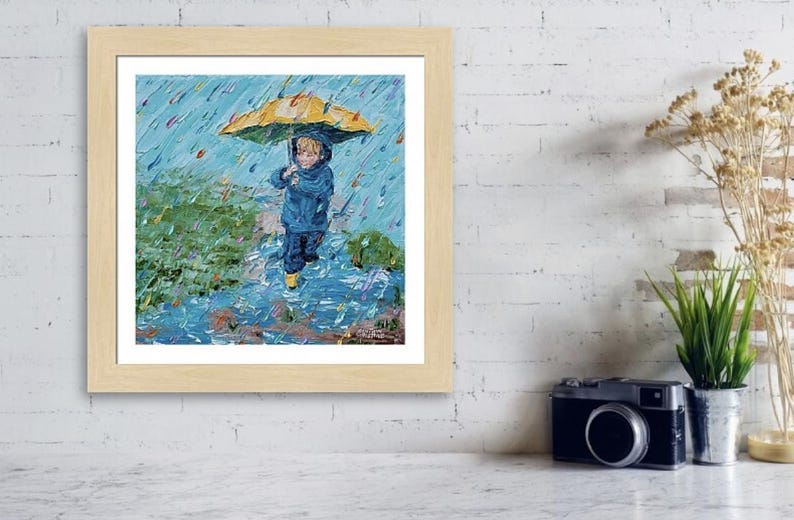 Puddle Jumping Art Print: Child With Yellow Umbrella, Joyful Rainbow ...