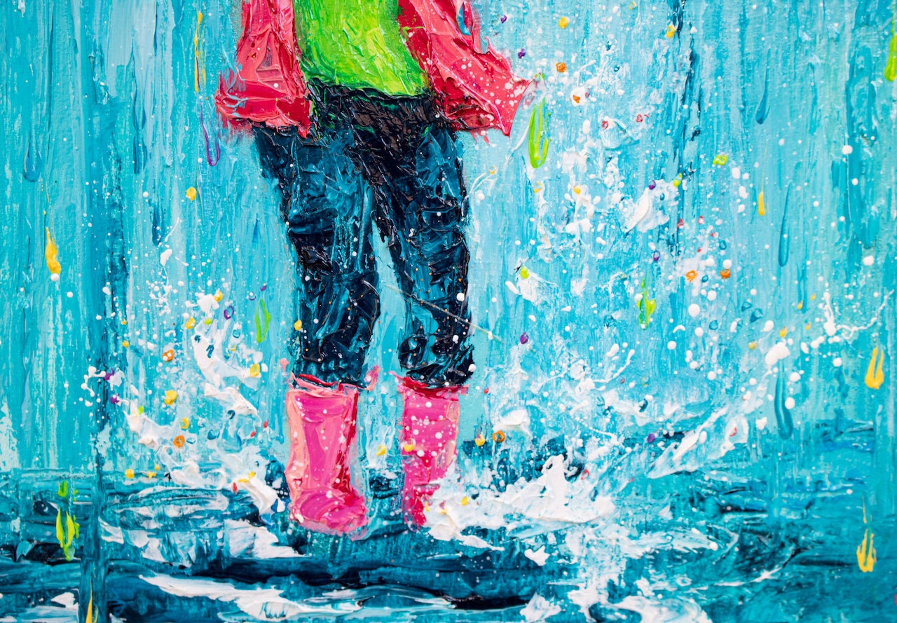 Rain painting Puddle Jumper Girl in rain Spring art | Etsy