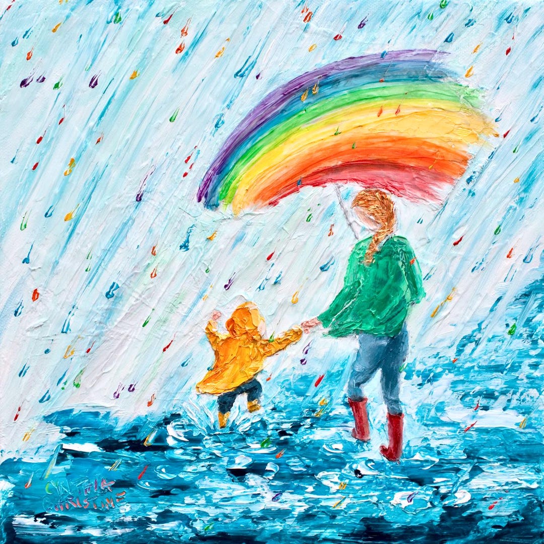 Puddle Jumping Art Print: Child With Yellow Umbrella, Joyful Rainbow ...