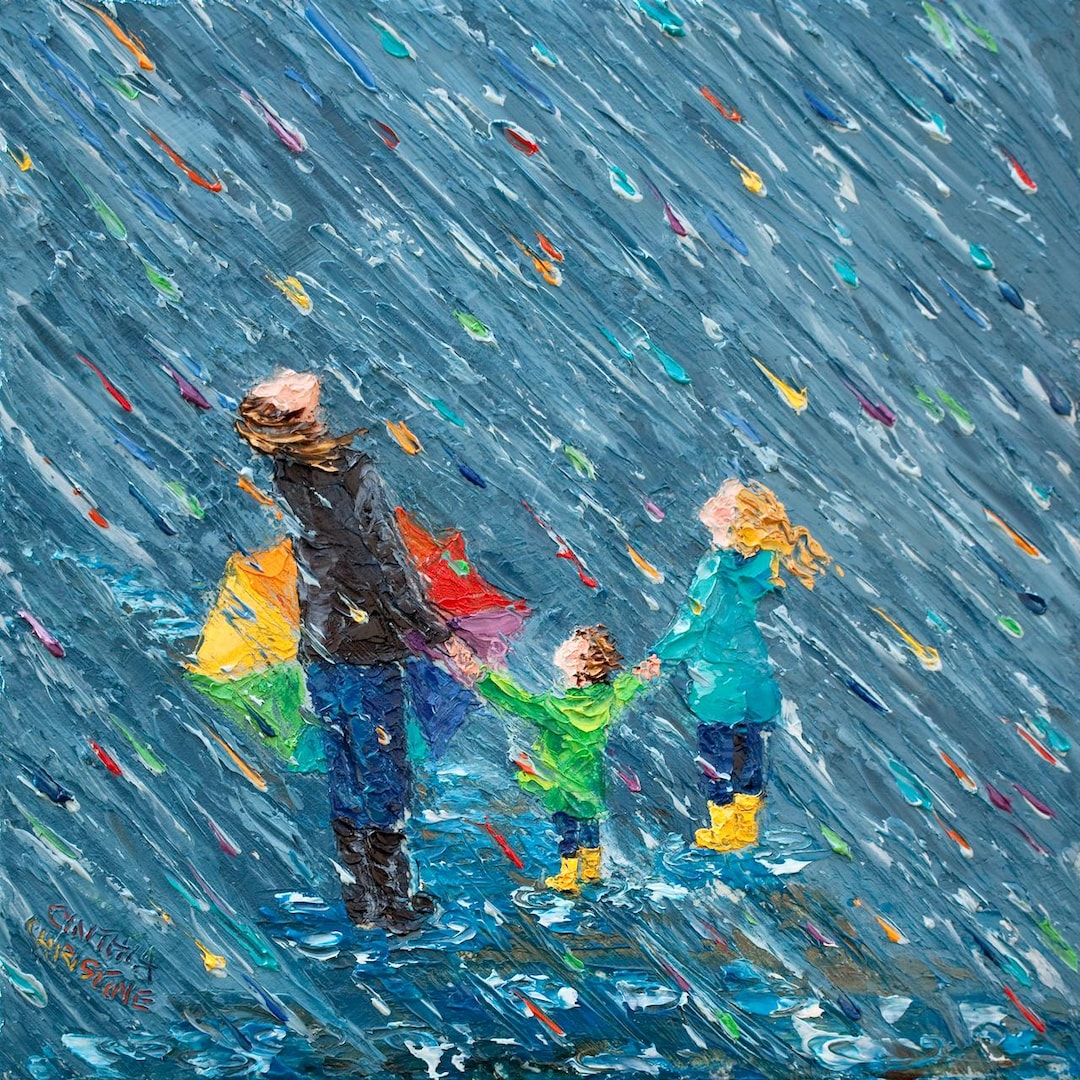 Rainbow Rain Art Print: Mother and Children Looking up in Raindrops ...