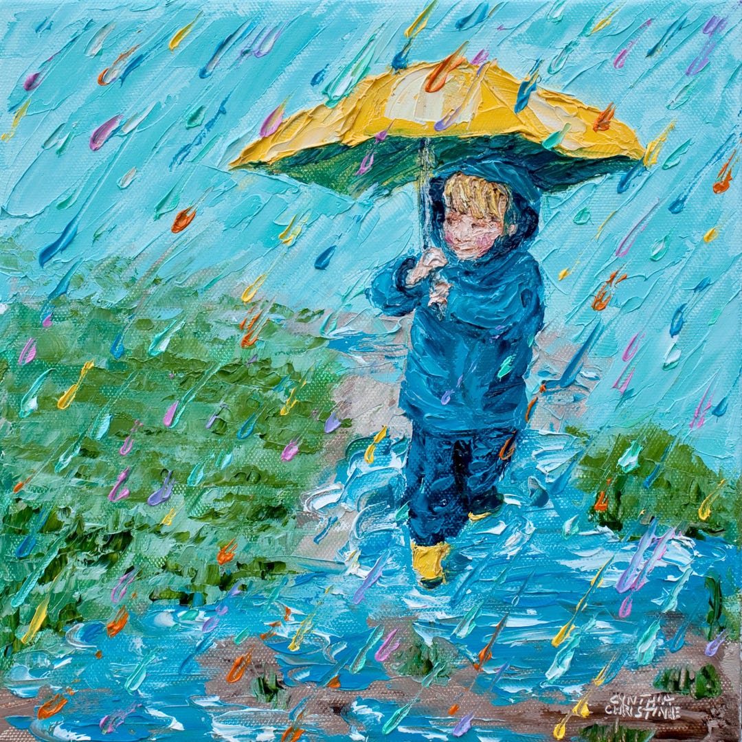 Puddle Jumping Art Print: Child With Yellow Umbrella, Joyful Rainbow ...