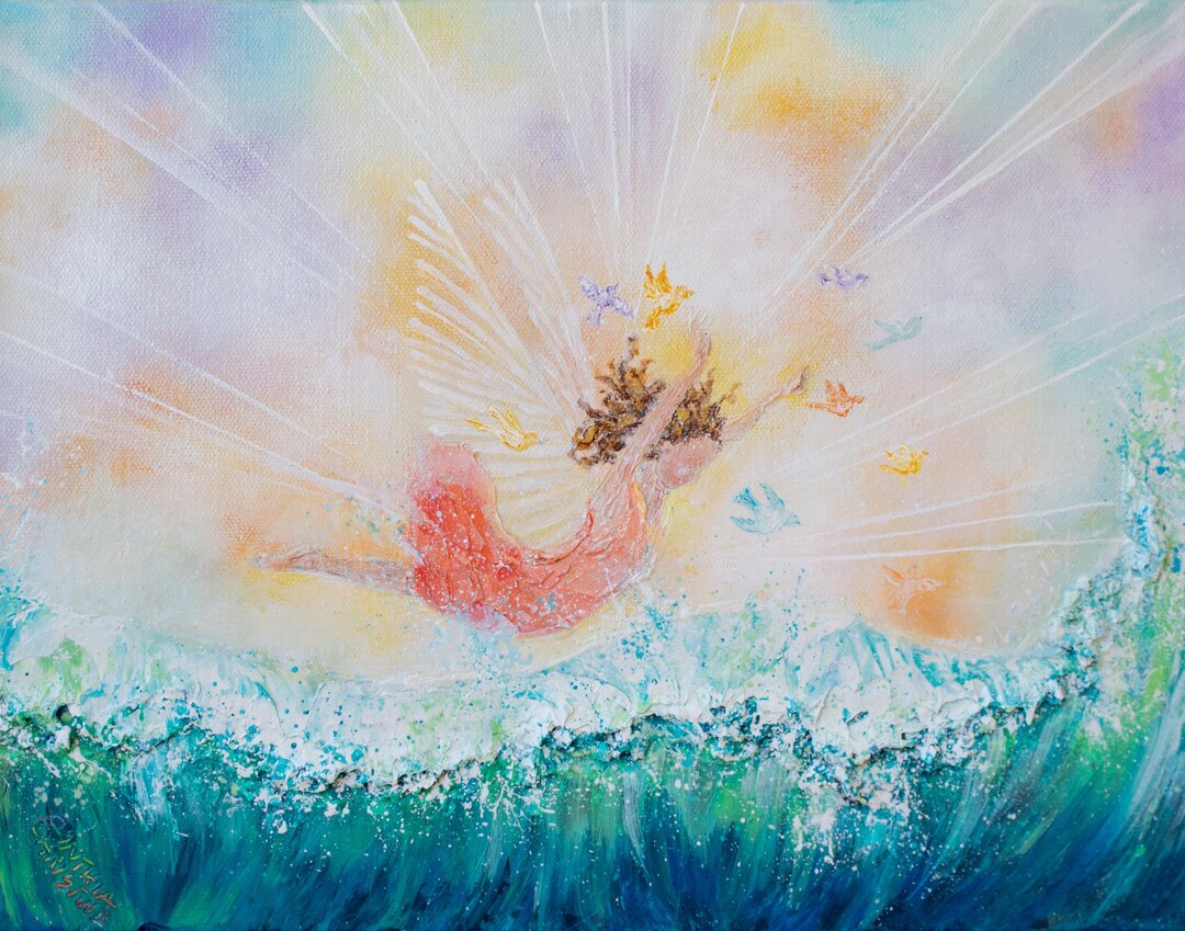 Winged Girl Flying Over Ocean Oil Painting: Rainbow Sky, Free to Be ...
