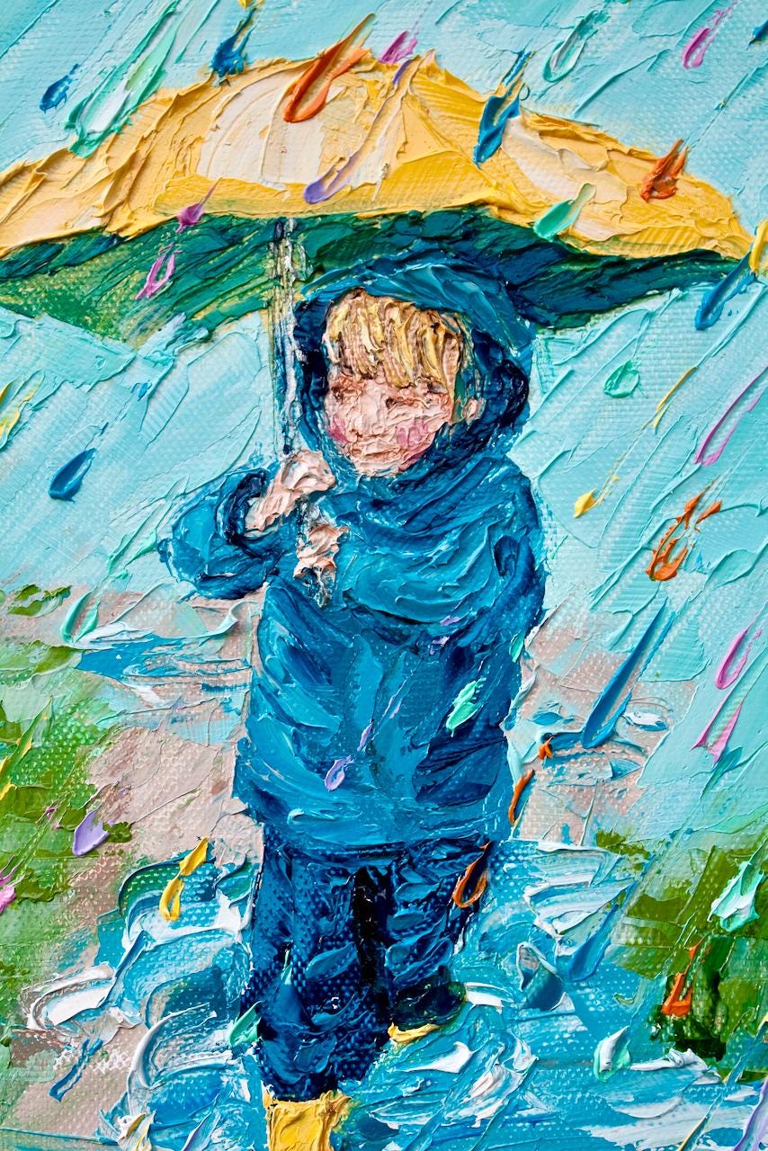 Puddle Jumping Art Print: Child With Yellow Umbrella, Joyful Rainbow ...