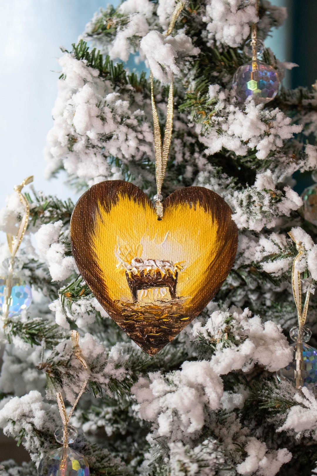 Brown Baby Jesus Manger Ornament, Heart Canvas Painting, Spiritual ...