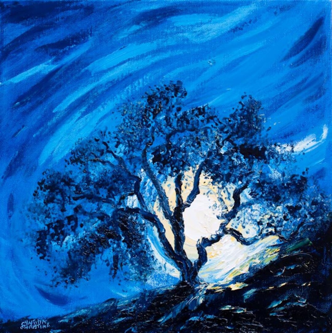 Moonlit Night Wall Art, Oak Tree Artwork, Abstract Moon Painting, Moon ...