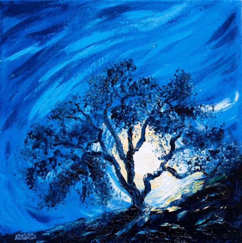 Moonlit Night Wall Art, Oak Tree Artwork, Abstract Moon Painting, Moon ...