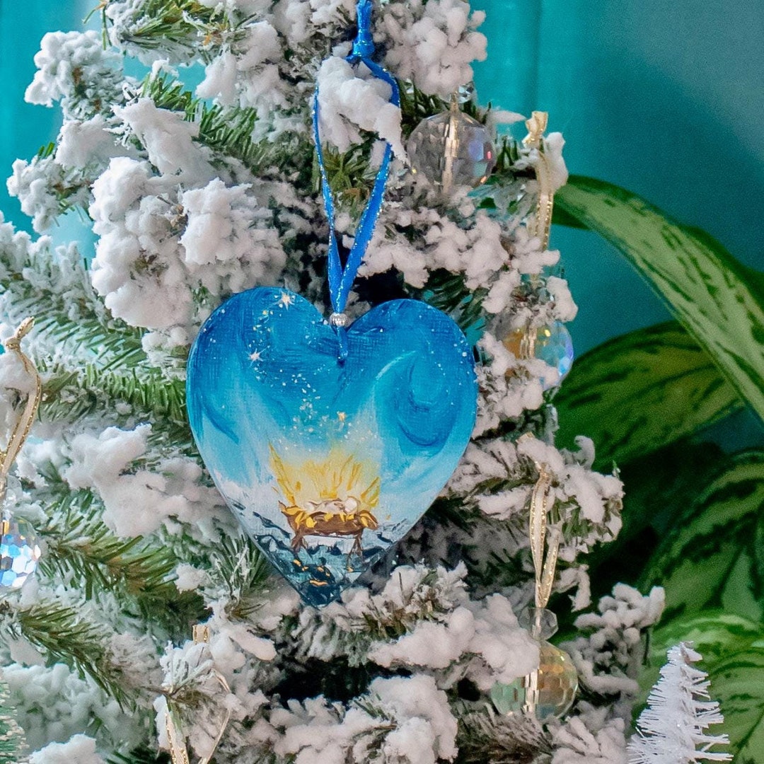 Handpainted Christmas Ornament: Bethlehem Birth, Starlit Creche, 3 ...
