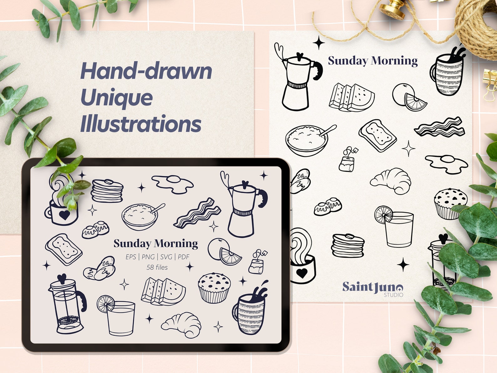 Breakfast Food Illustration Bundle / Brunch Food Clipart / Continental ...