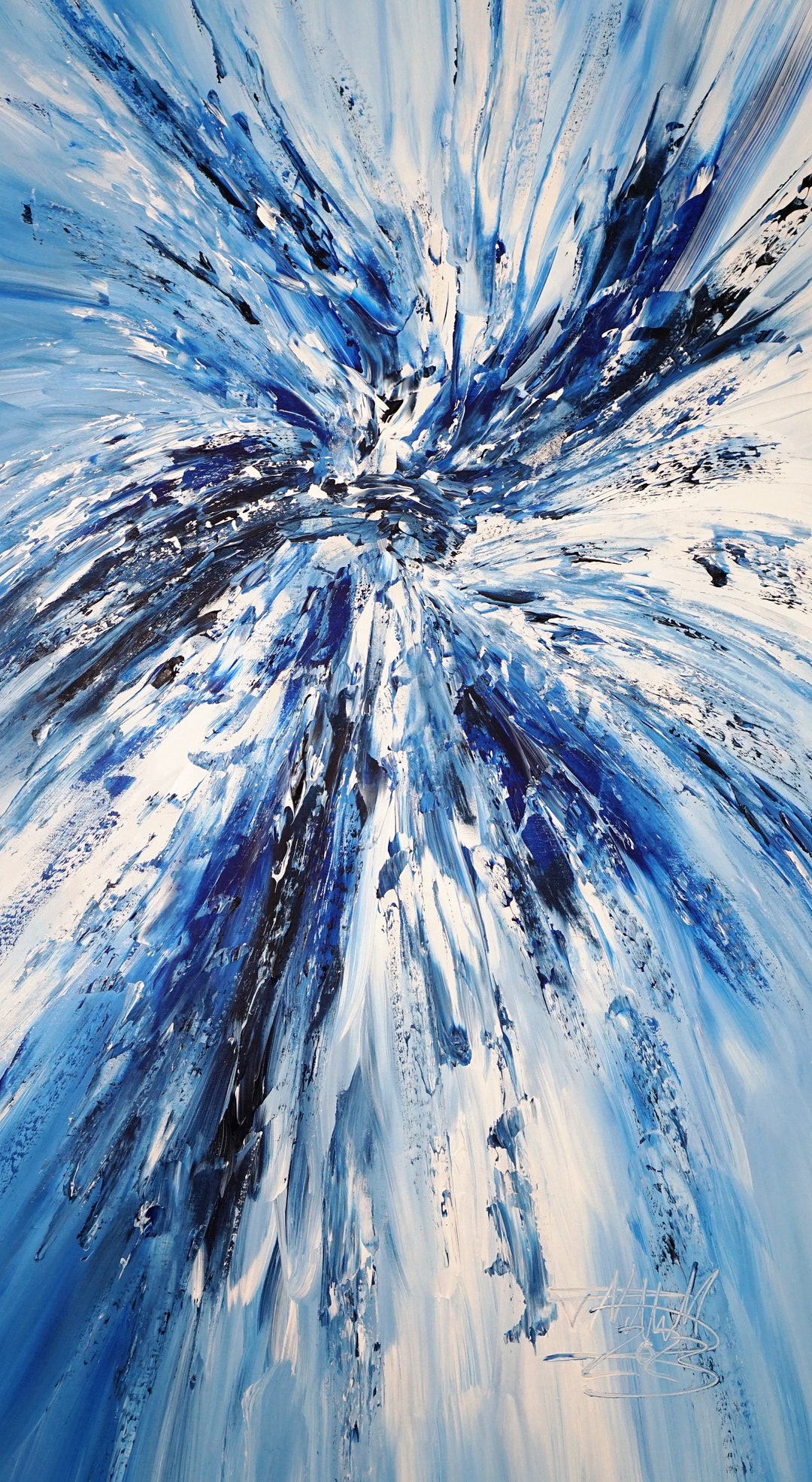 Blue Abstract, Large Painting. Portrait Format 61.0 " X 33.5 ". Vibrant ...