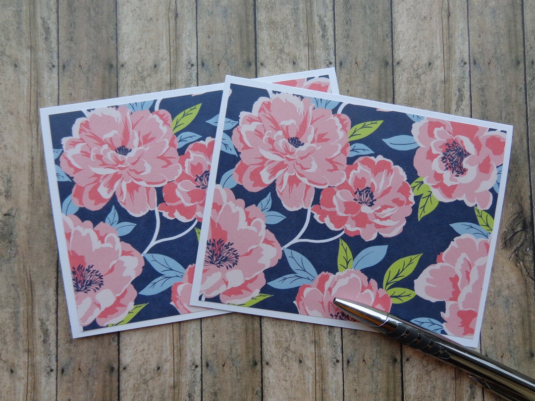 Pink Peonies on Navy Background Floral Notecard Set Mini Notes - Etsy