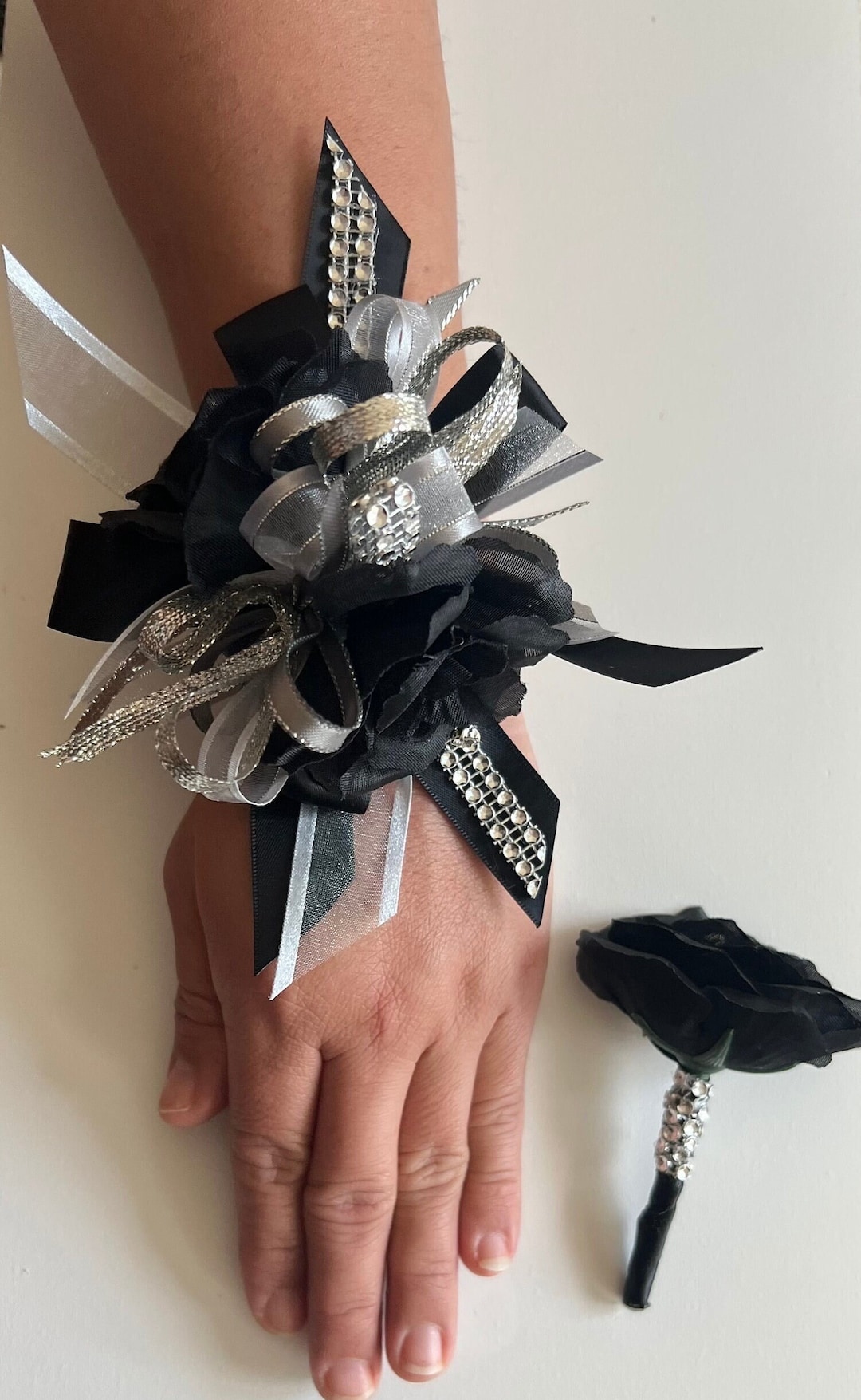 Wrist Corsage/ Prom Corsage/black and Silver/corsage/ Wrist Corsage ...