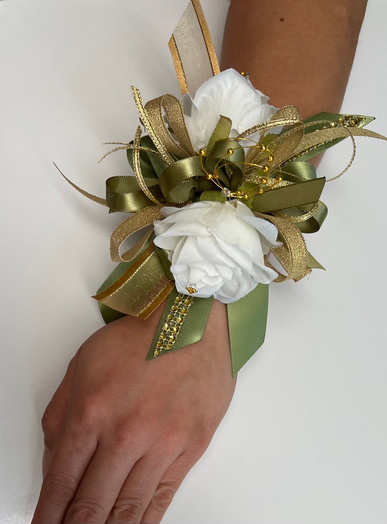 Wrist Corsage/sage Green and Gold / Wrist Corsage/prom Wrist - Etsy