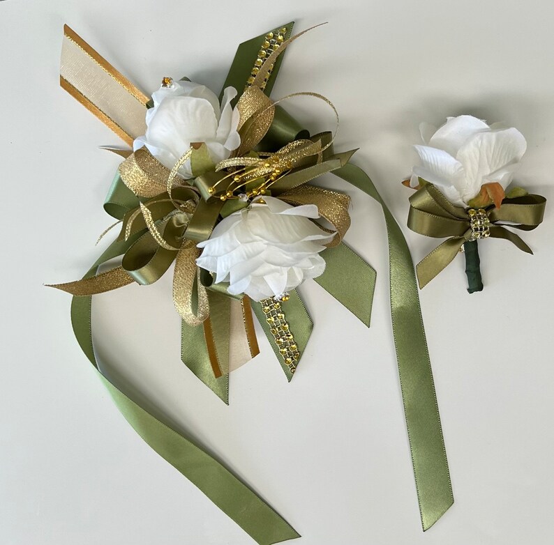 Wrist Corsage/sage Green and Gold / Wrist Corsage/prom Wrist - Etsy