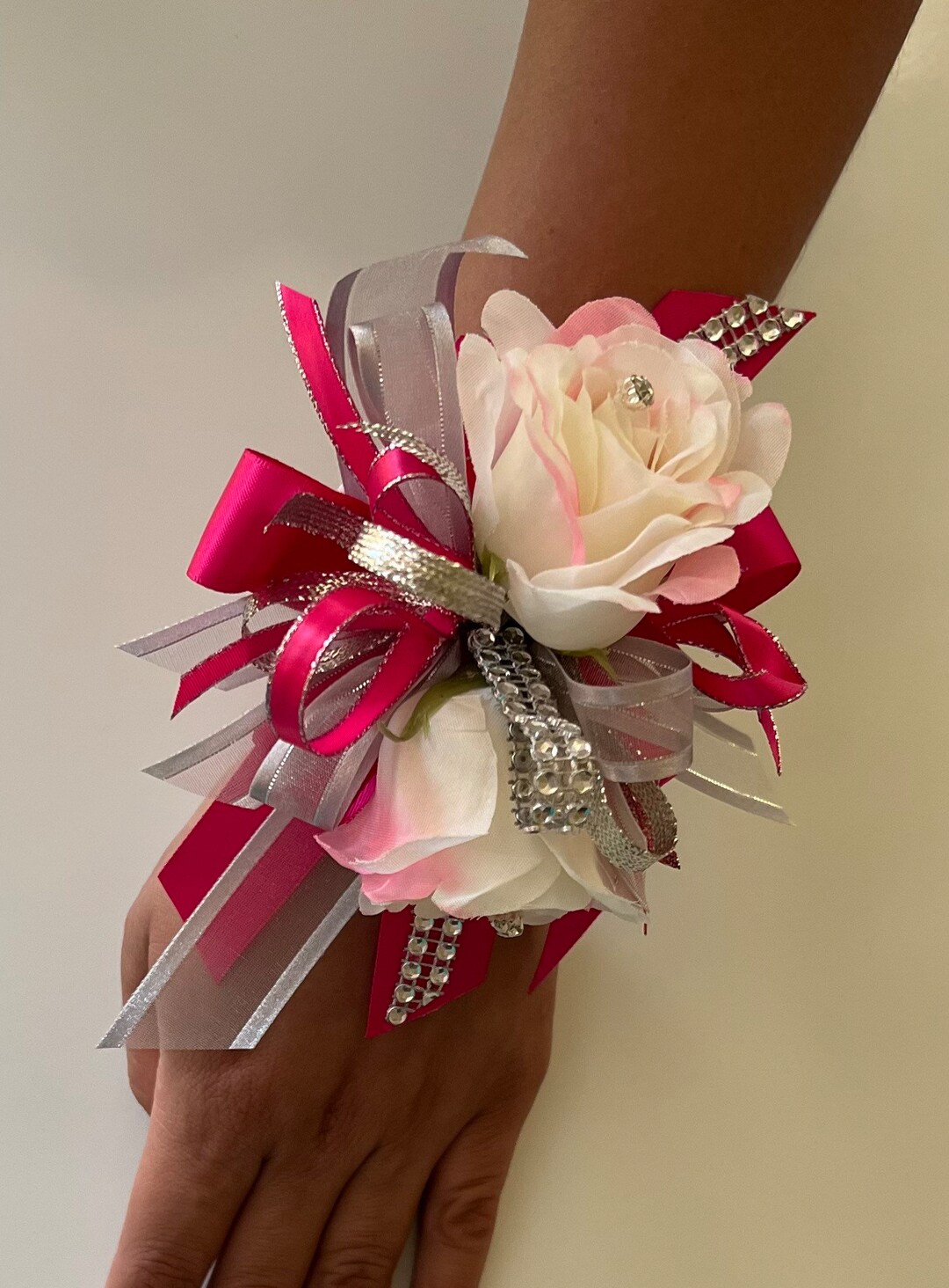 Wrist Corsage/ Corsage/ Silver and Hot Pink / Prom Wrist Corsage ...