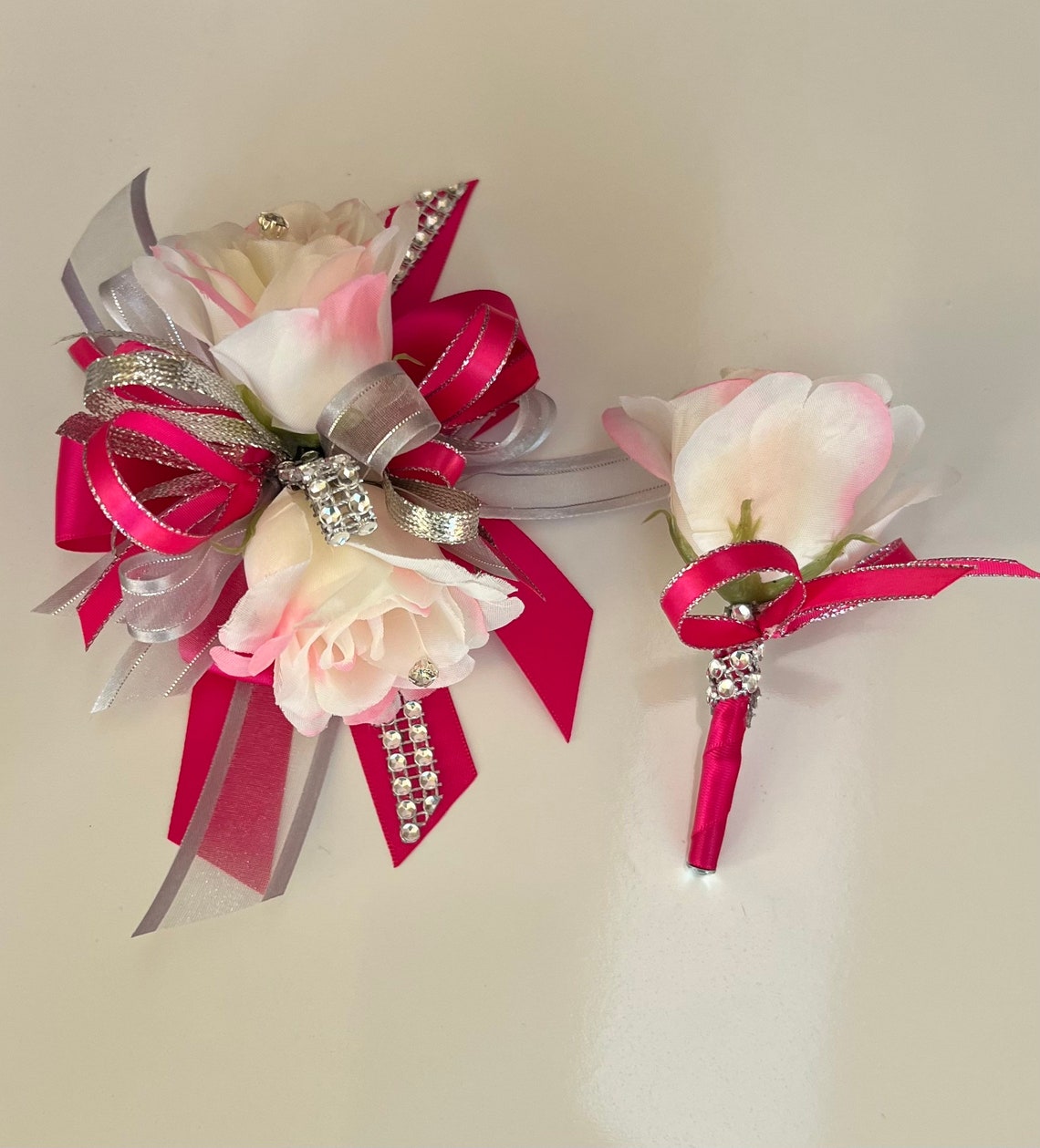 Wrist Corsage/ Corsage/ Silver and Hot Pink / Prom Wrist Corsage ...