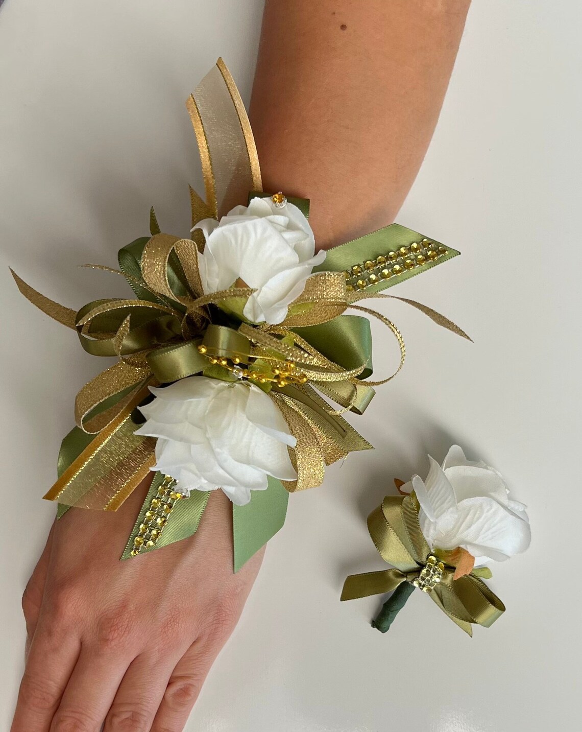 Wrist Corsage/sage Green and Gold / Wrist Corsage/prom Wrist - Etsy