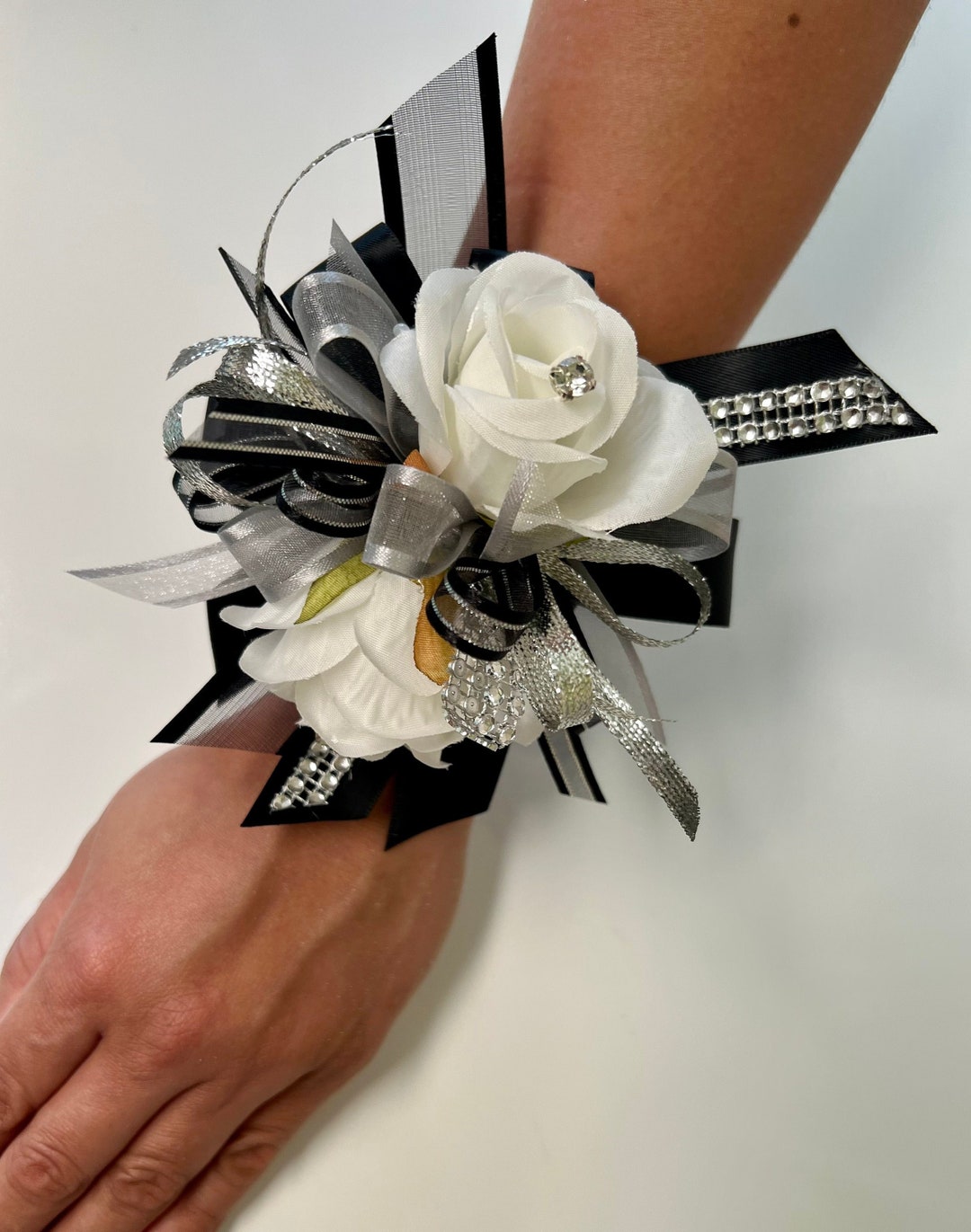 Wrist Corsage/ Black and Silver / Black and Silver / Prom Wrist Corsage ...