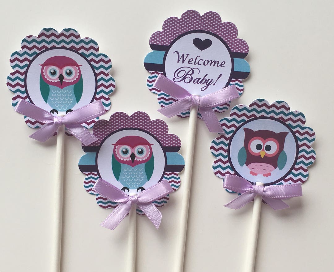 Owl Cupcake Toppers/ Owl Teal and Lavender and Purple/ Owl Theme/ Owl ...