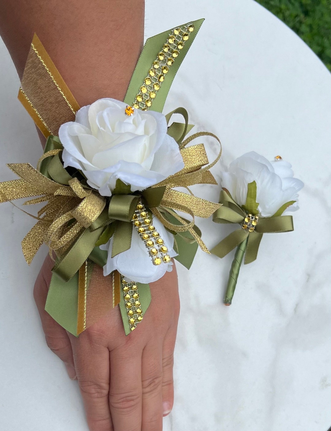 Wrist Corsage/sage Green and Gold / Wrist Corsage/prom Wrist Corsage ...