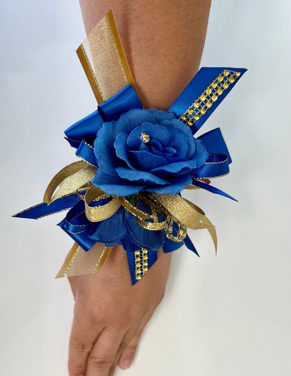 Royal blue and Gold Wrist corsage/ Prom corsage/ Prom corsage/ wedding ...