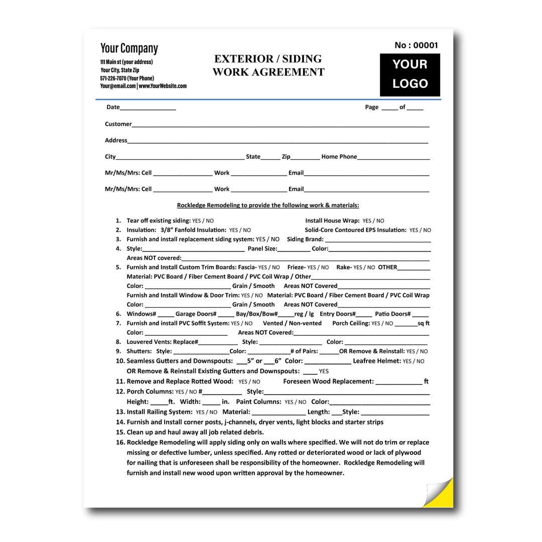 Siding Agreement Custom Printed With Your Company Information ...