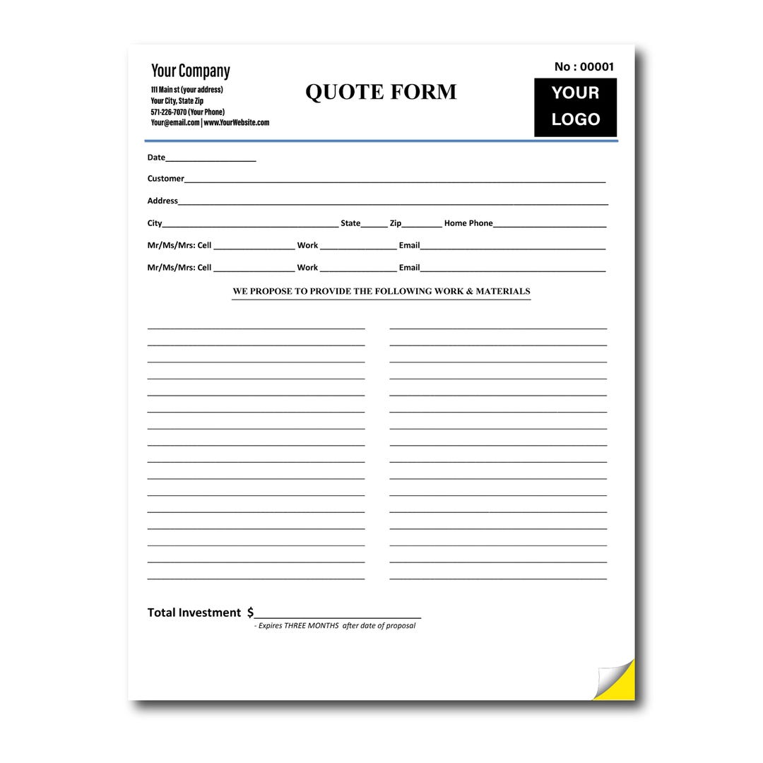 General Contractor Quote Form Custom Printed With Your Company ...