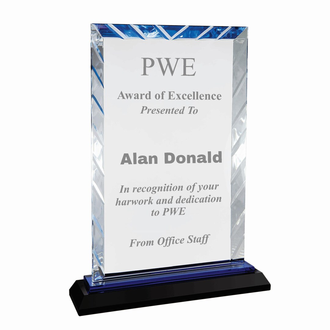 Rectangle Blue Glass Award, Personalized Plaque, Engraved Trophy ...