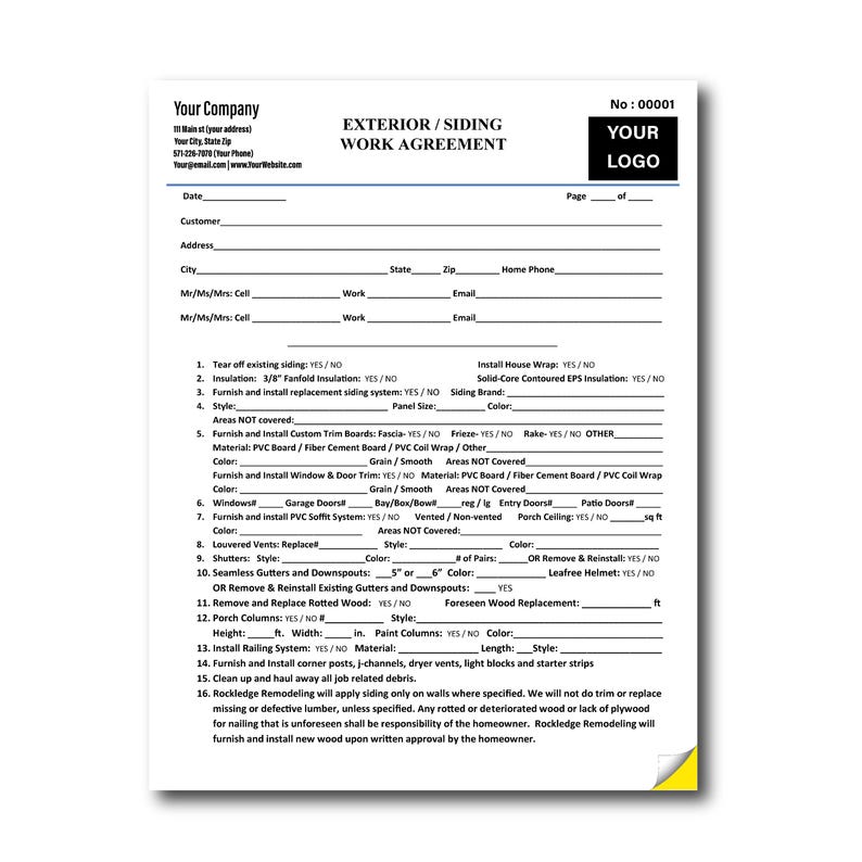 Siding Agreement Custom Printed With Your Company Information ...