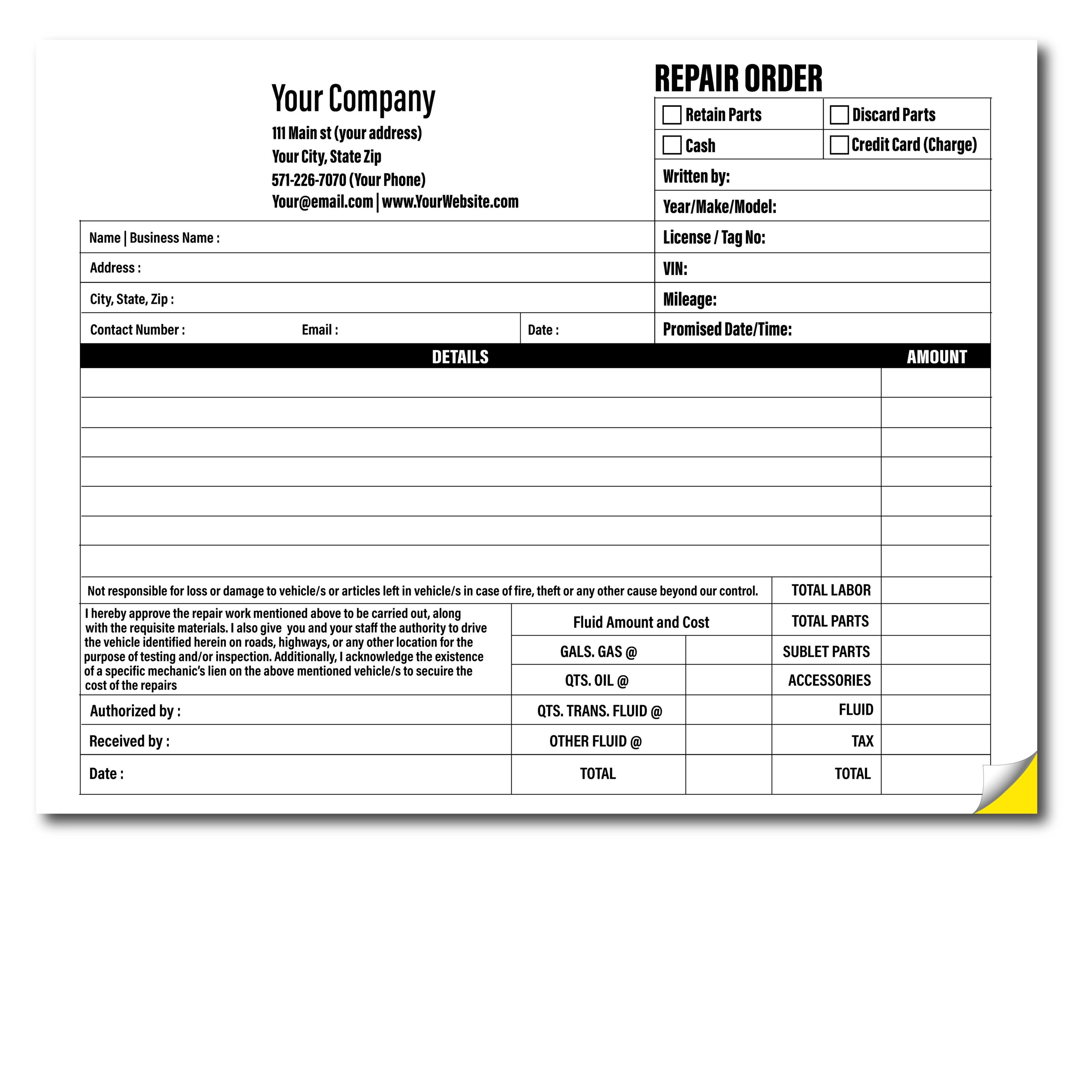 Auto Repair Order Form Custom Printed With Your Company Information ...