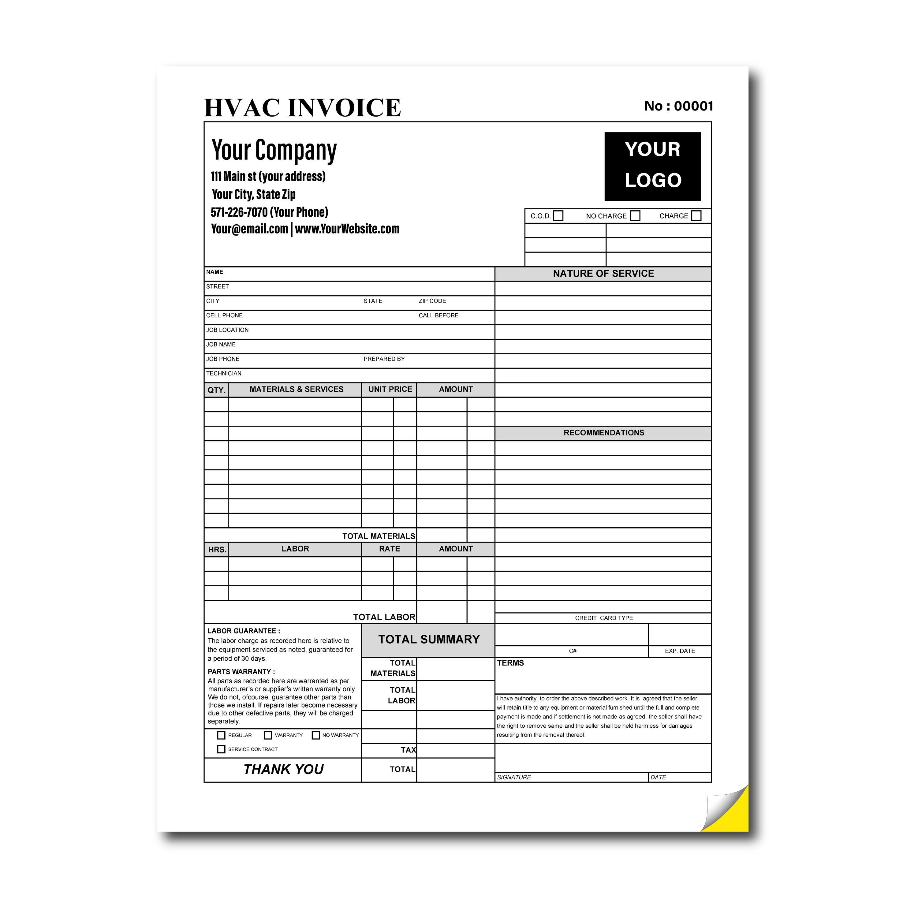 HVAC Work Order Invoice Custom Printed With Your Company Information ...
