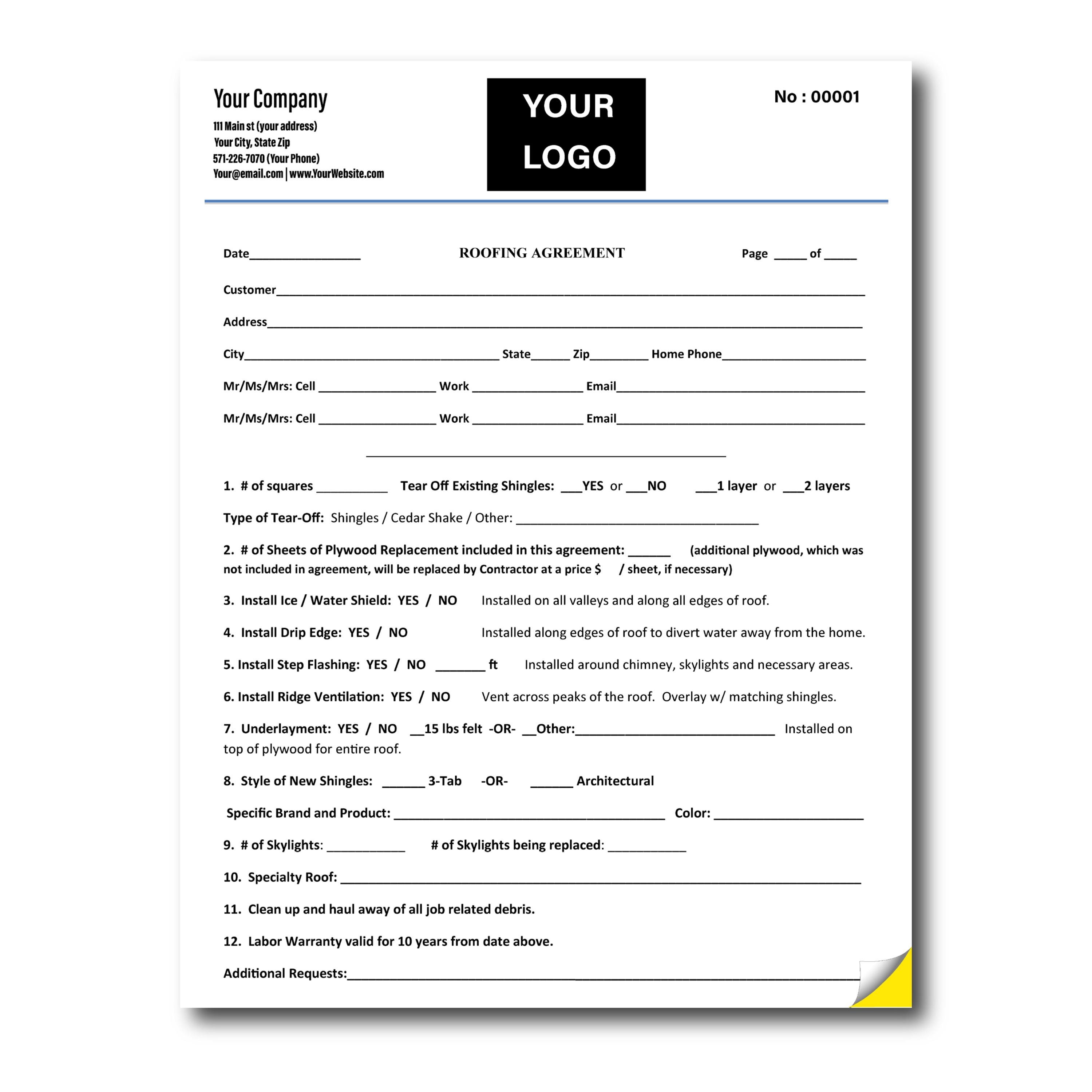 Roofing Agreement Custom Printed With Your Company Information ...