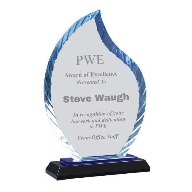 Flame Blue Glass Award, Personalized Plaque, Engraved Trophy ...