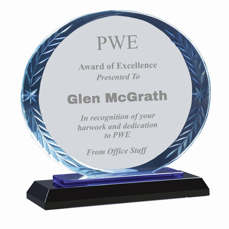 Oval Blue Glass Award, Personalized Plaque, Engraved Trophy ...